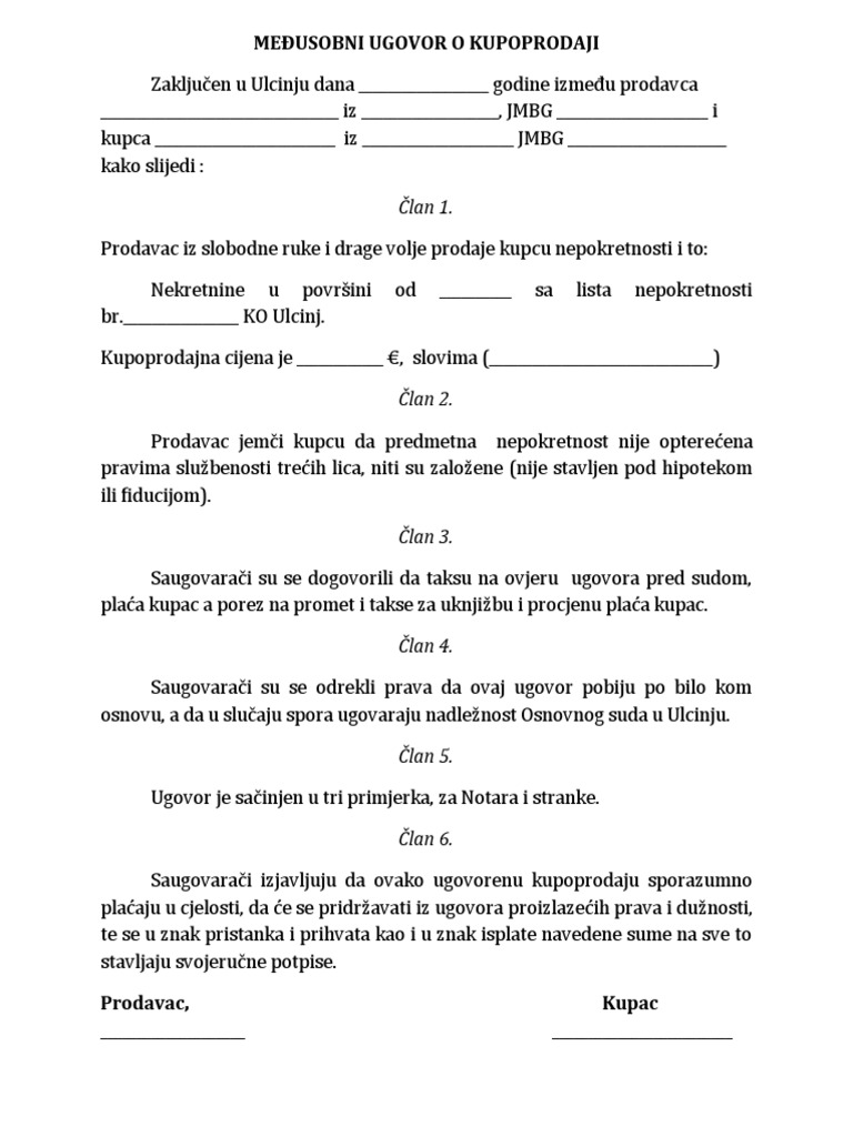 Međusobni Ugovor o Kupoprodaji | PDF