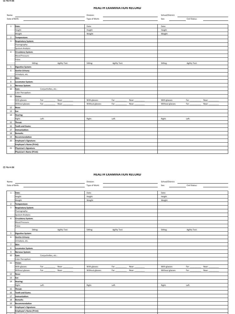 Teachers' Health Examination Card (CS Form 86) | PDF | Medical ...