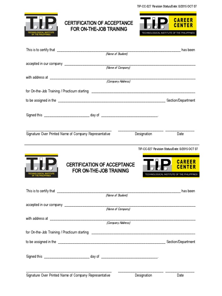 On-the-Job Training Acceptance Certificate | PDF