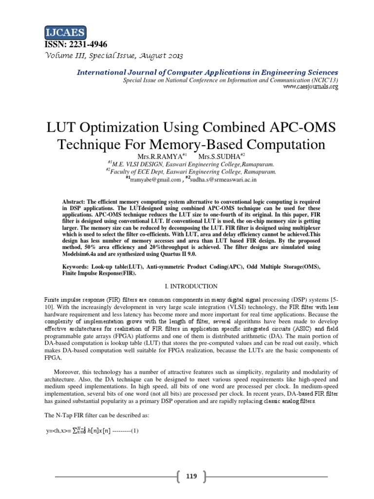 LUT Optimization Using Combined APC-OMS Technique For Memory-Based Computation | PDF | Field ...