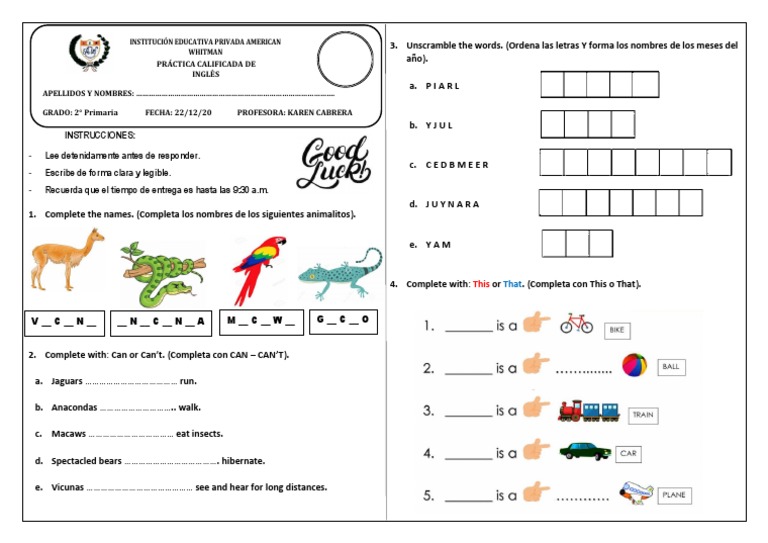 Practica Calificada 7 de Inglés - 2° Primaria | PDF