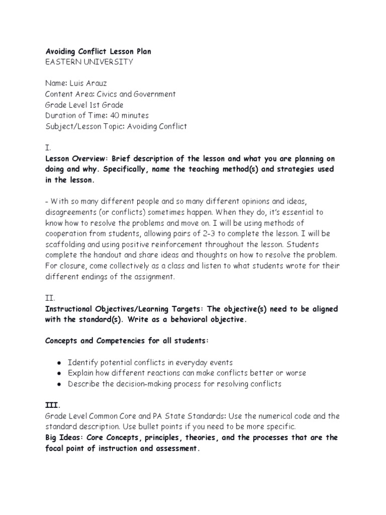 Avoiding Conflict Lesson Plan 1 | PDF | Classroom | Learning