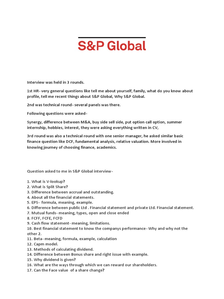 S&P Global Interview Question Answers | PDF | Career & Growth | Business