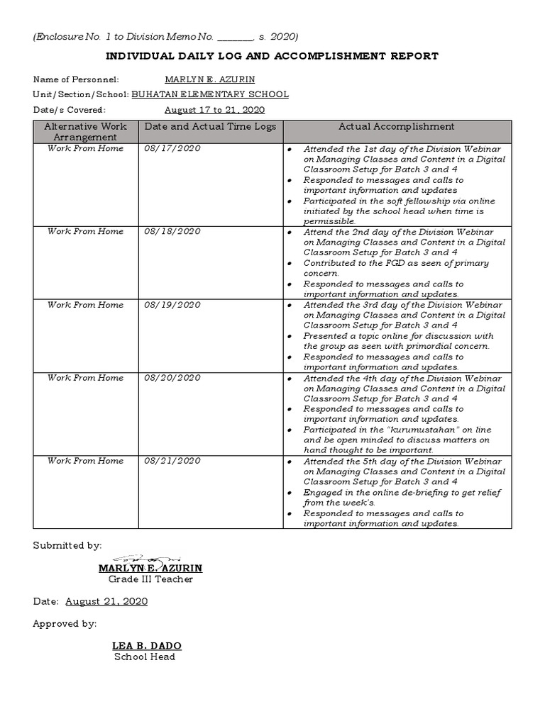 Individual Daily Log and Accomplishment Report | PDF | Classroom ...
