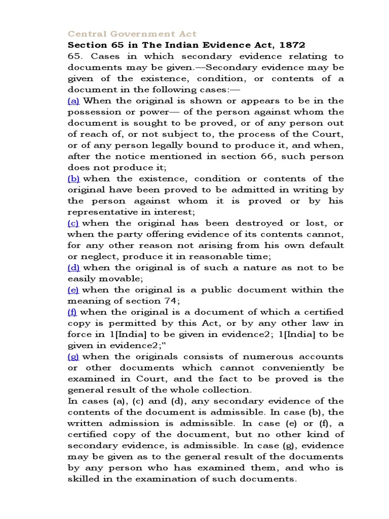Section 65 in The Indian Evidence Act, 1872 | PDF