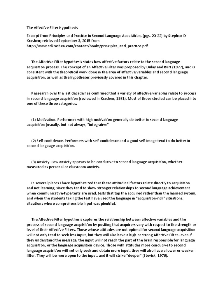 Affective Filter in Language Acquisition | PDF | Second Language ...