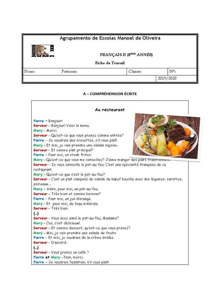 Compréhension écrite : Au restaurant | PDF | Nourritures | Cuisine