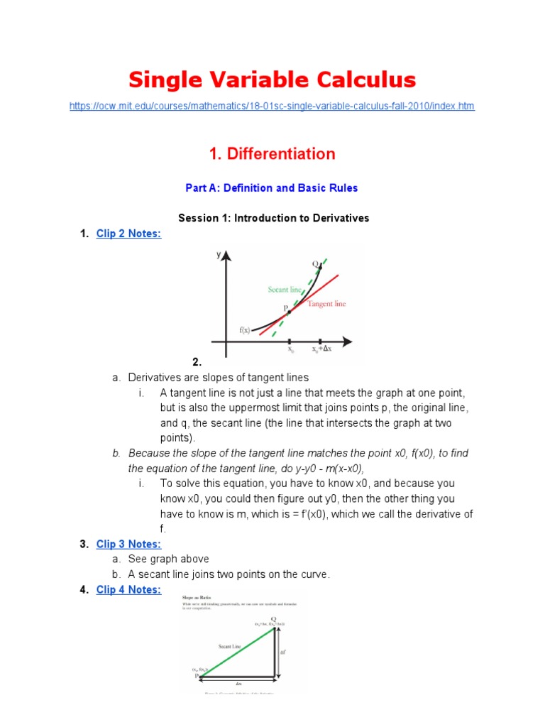 Single Variable Calculus: 1. Differentiation | PDF
