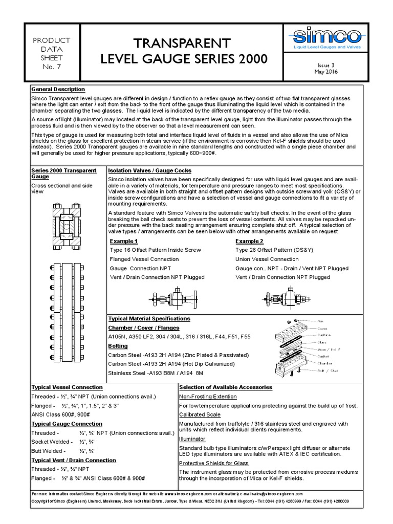 Transparent Level Gauge Series 2000: Product Data Sheet No. 7 | PDF | Sheet Metal | Valve