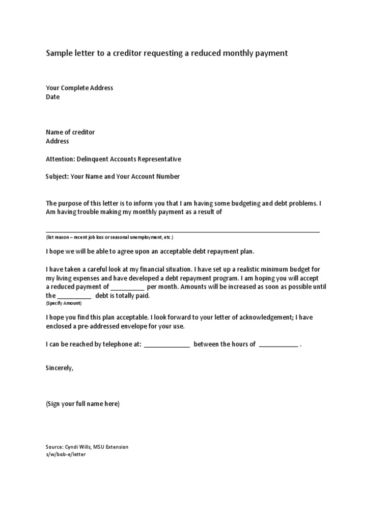 Sample Letter To A Creditor Requesting A Reduced Monthly Payment | PDF