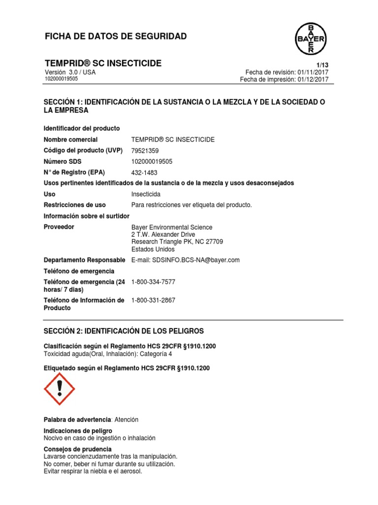 Temprid Sc. Ficha de Datos de Seguridad | PDF | Pesticida | Toxicología