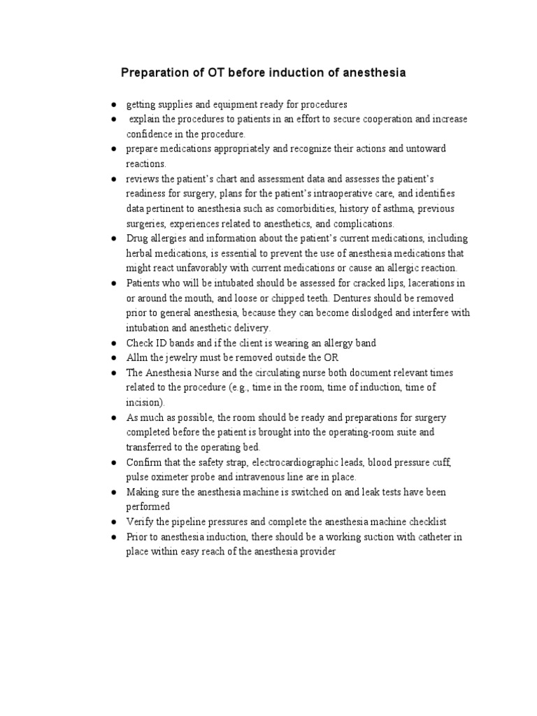 Preparation of OT Before Induction | PDF