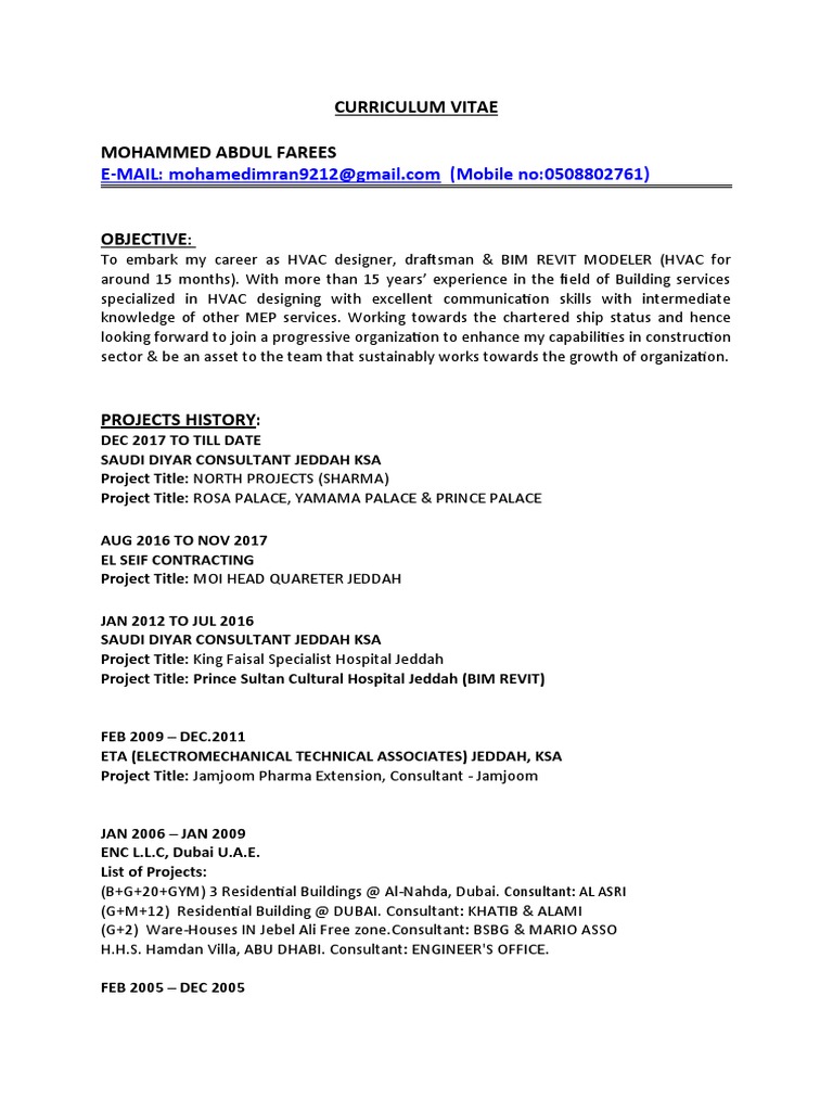Curriculum Vitae Mohammed Abdul Farees: Consultant: AL ASRI | PDF | Engineering Thermodynamics ...
