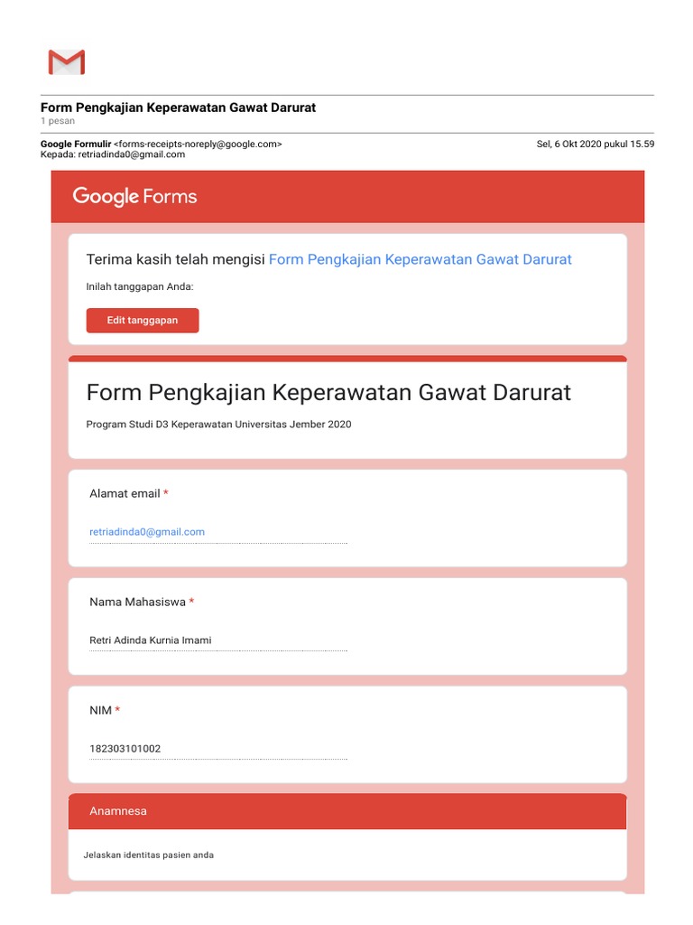 Gmail - Form Pengkajian Keperawatan Gawat Darurat | PDF