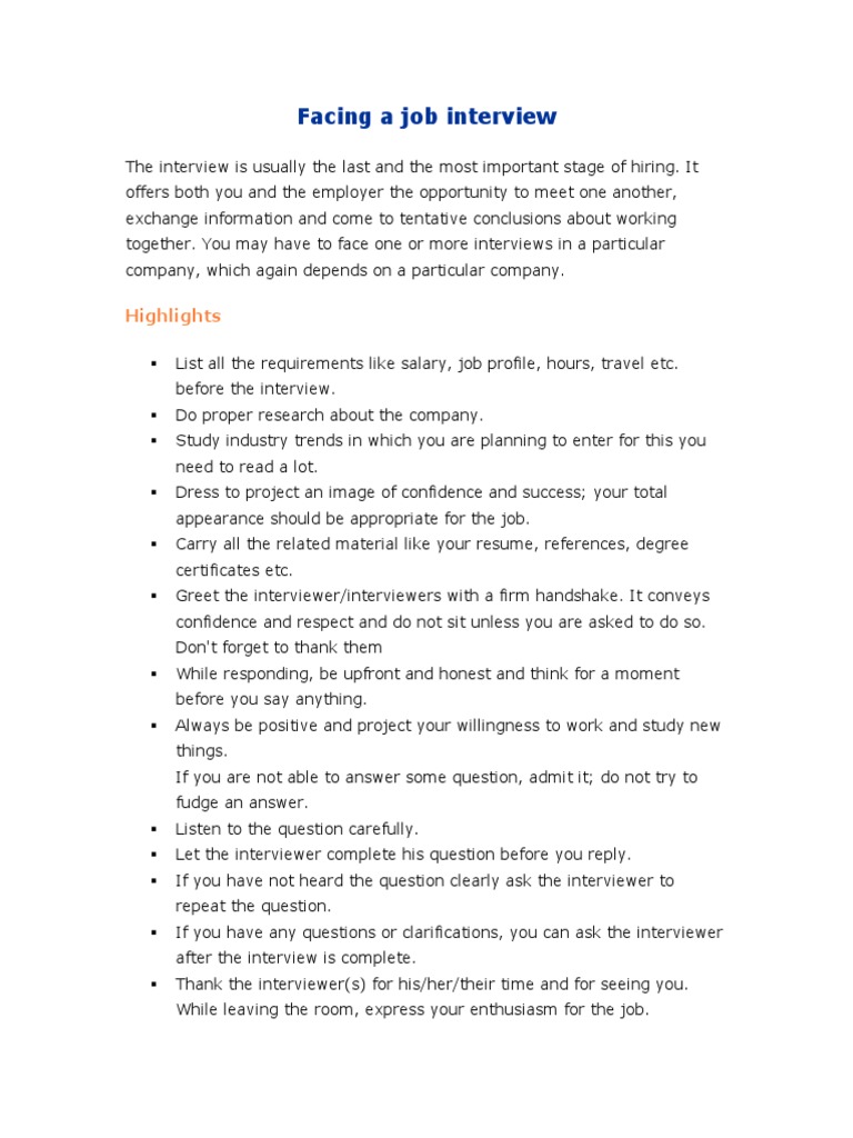 Facing A Job Interview | PDF