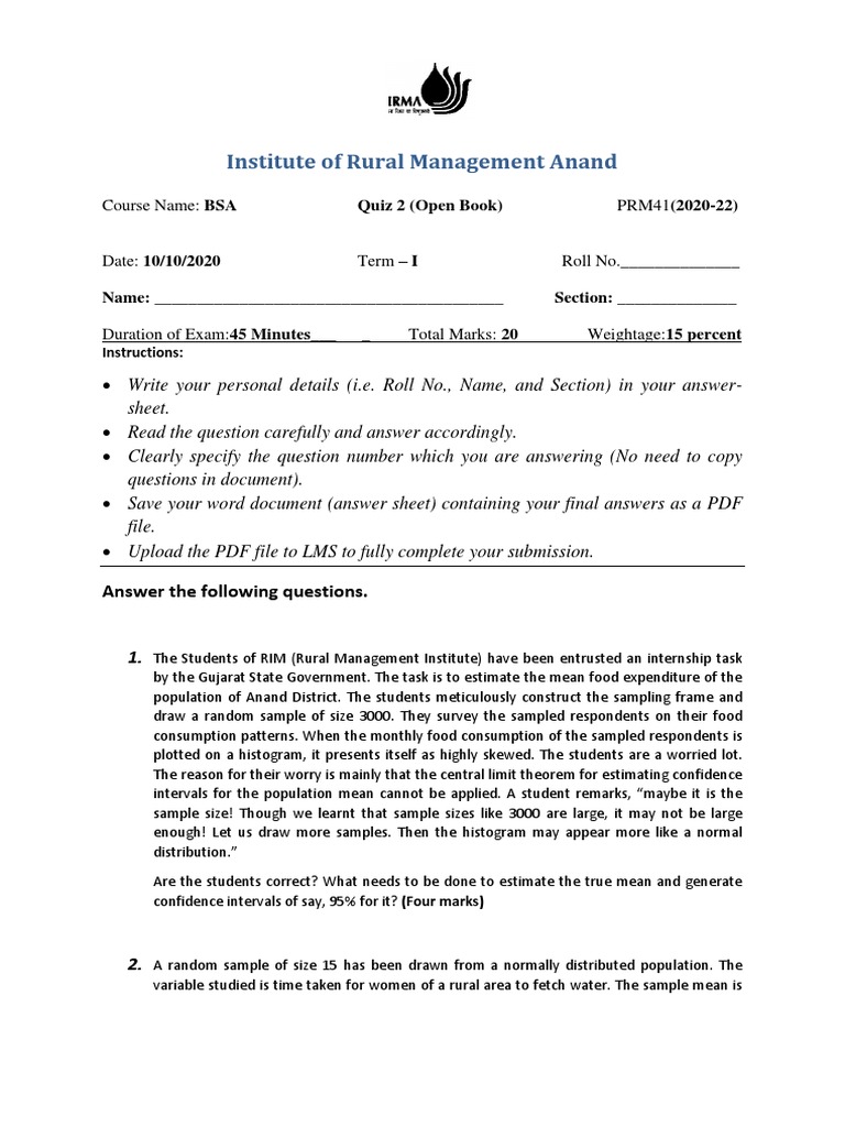 BSA Quiz 2 Question Paper PDF | PDF | Confidence Interval | Normal ...