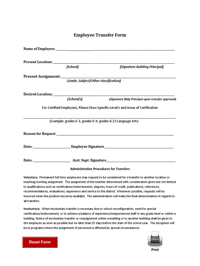 Employee Transfer Form Example | PDF | Government | Employment