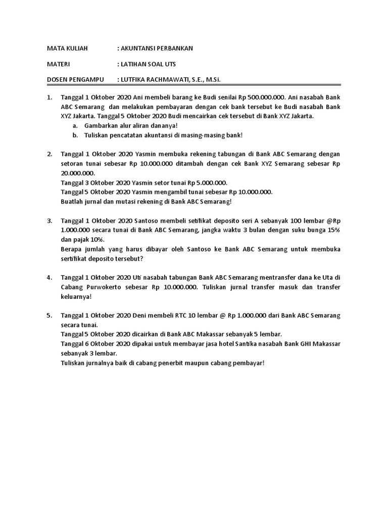 Latihan Soal 1 Akt Bank | PDF | Pengelolaan Keuangan & Uang