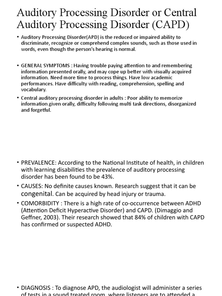 Auditory Processing Disorder or Central Auditory Processing Disorder (CAPD) | PDF | Aphasia ...