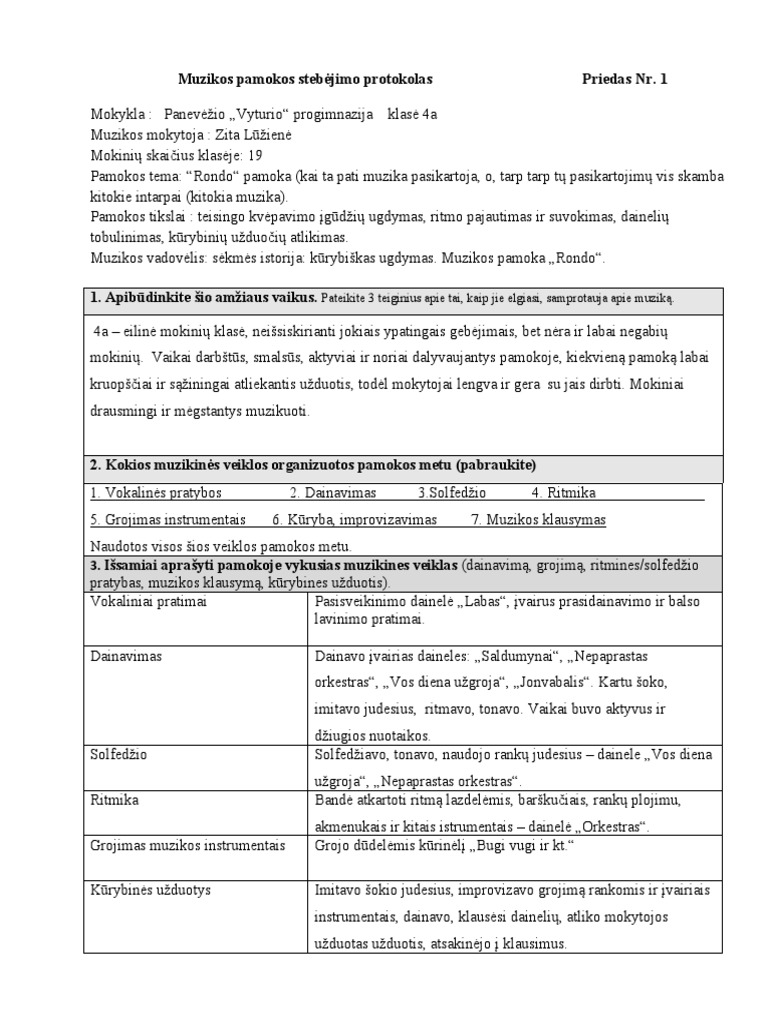 1B. Muzikos Pamokos Stebėjimo Protokolas 2019 | PDF