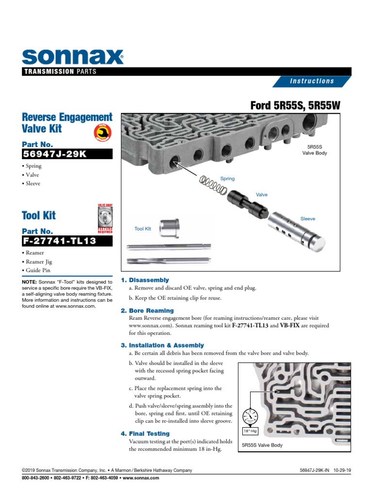 Reverse Engagement Valve Kit: Ford 5R55S, 5R55W | PDF | Equipment | Tools
