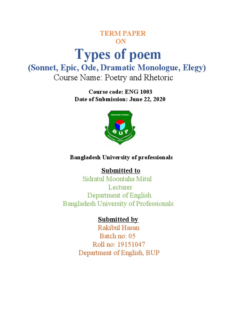 Types of Poem: (Sonnet, Epic, Ode, Dramatic Monologue, Elegy) | PDF ...