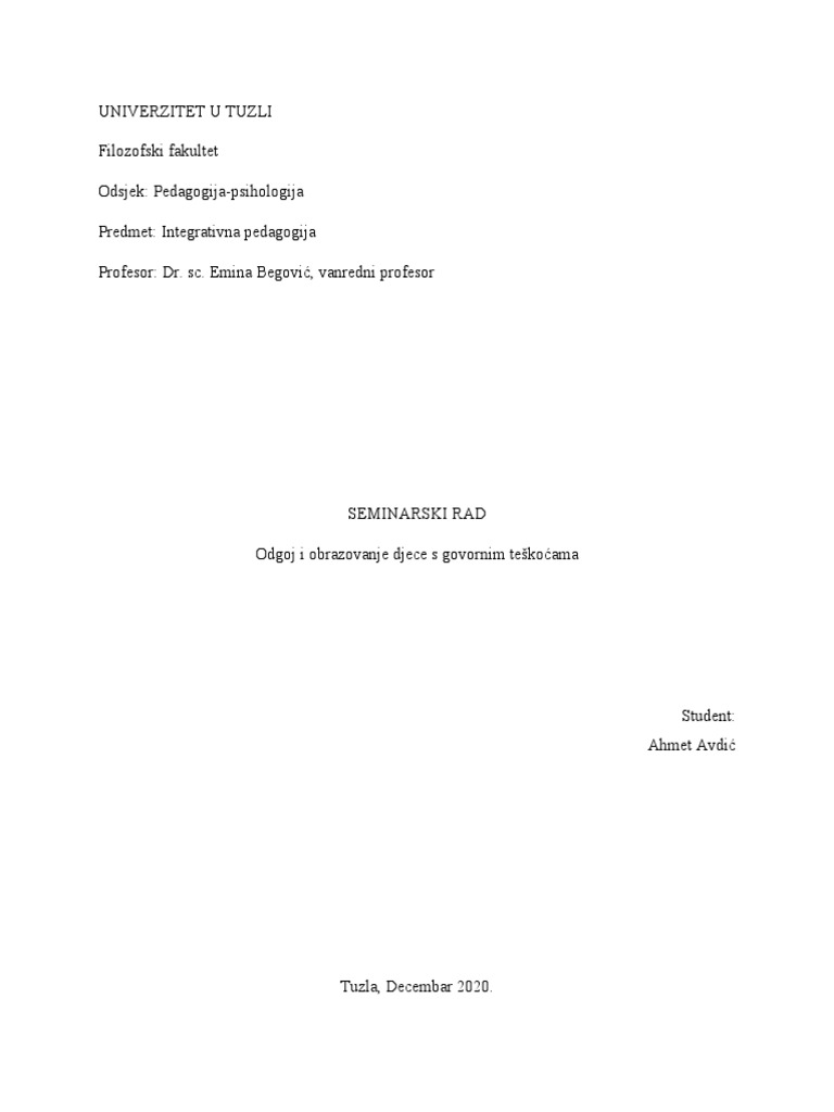Odgoj I Obrazovanje Djece Sa Teškoćama Govora | PDF