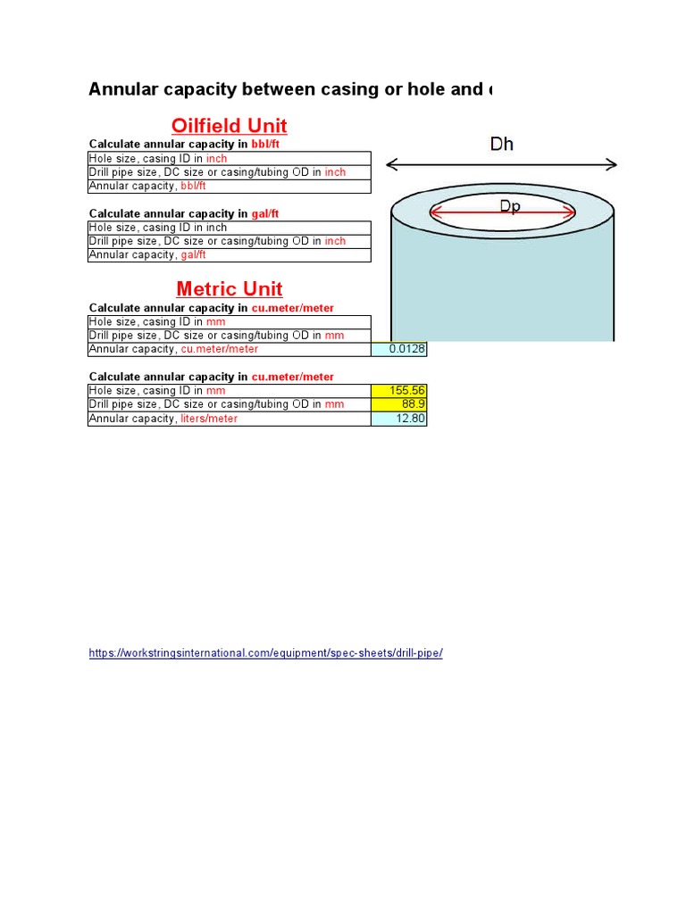Oilfield Unit: Annular Capacity Between Casing or Hole and Drill Pipe ...