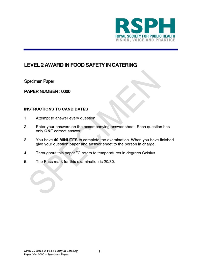 Level 2 Food Safety Exam Specimen Paper | PDF | Foodborne Illness | Foods