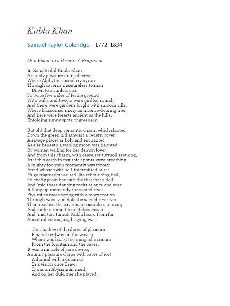 Kubla Khan: Samuel Taylor Coleridge | PDF
