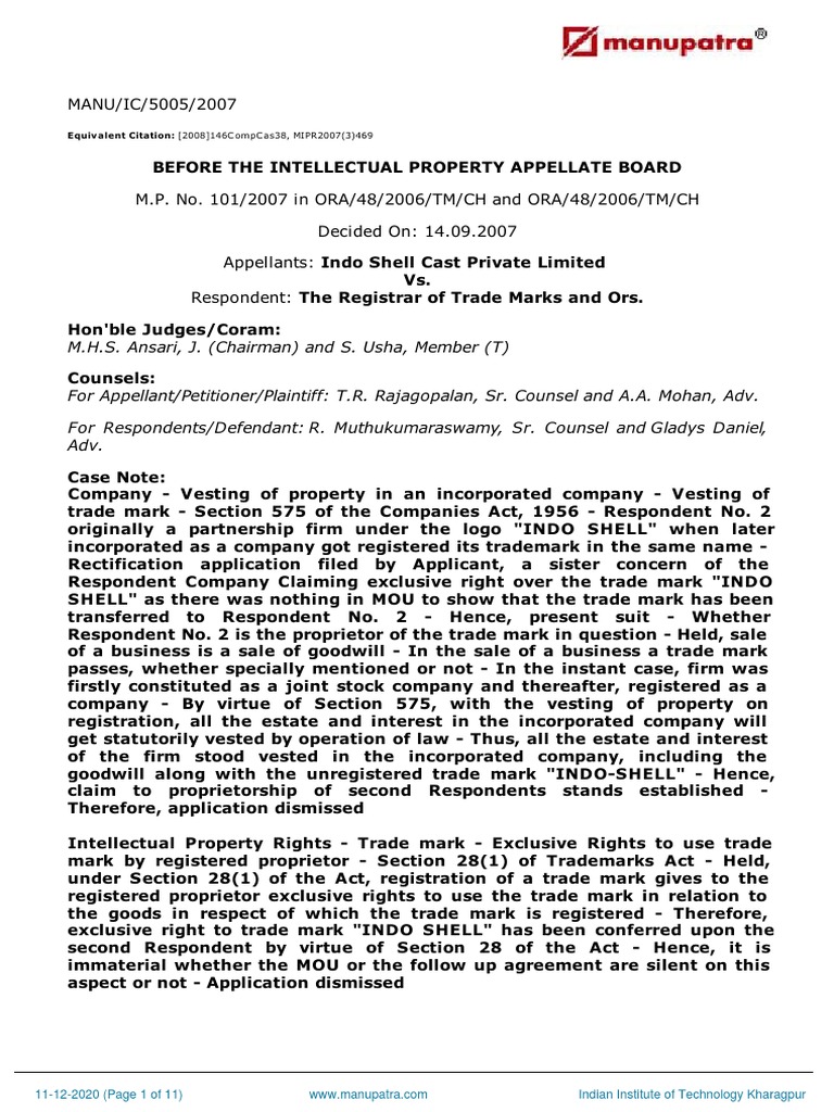 Indo Shell Cast Private Limited Vs The Registrar | PDF | Trademark ...