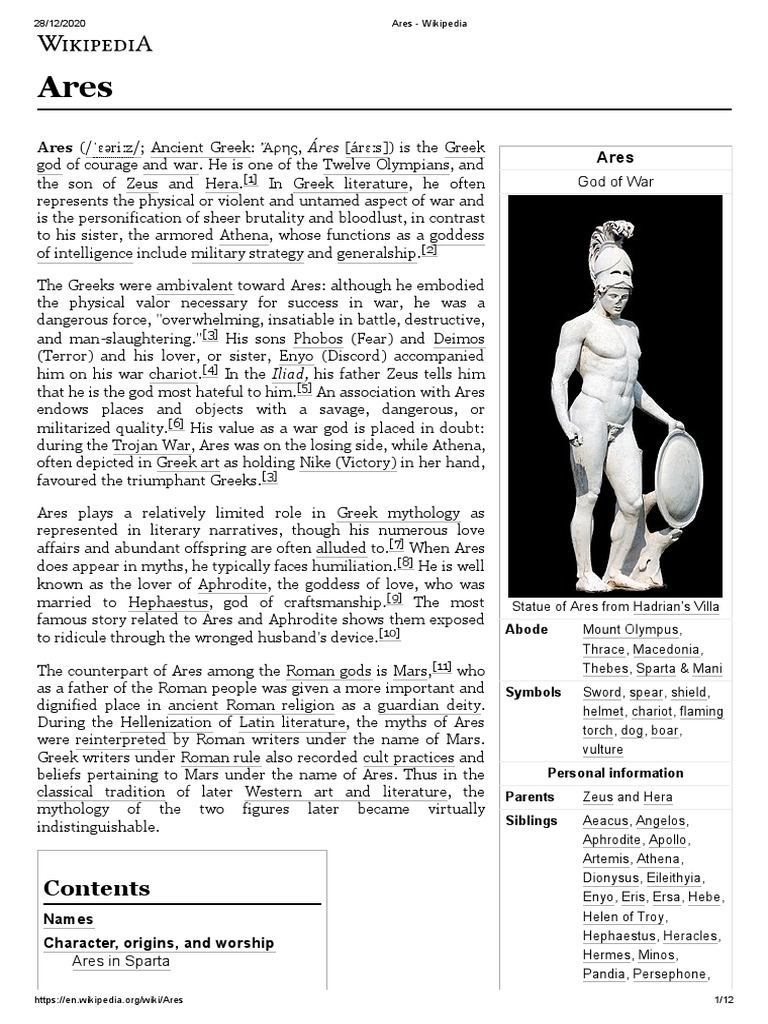 Ares (/ˈɛəriːz/; Ancient Greek: Ἄρης, Áres (árɛːs) ) is the Greek | PDF ...