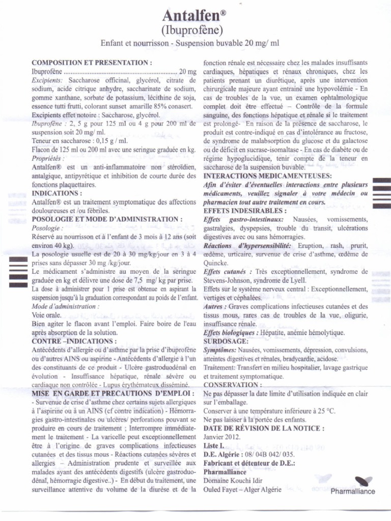 Notice Antalfen 20mg ML (100mg 5ml) Susp. Buv. Fl. 200ml + Pipette ...