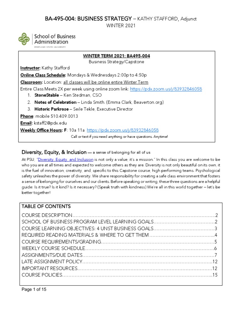 BA 495 Syllabus (Winter 2021) Kathy Stafford Portland State University ...