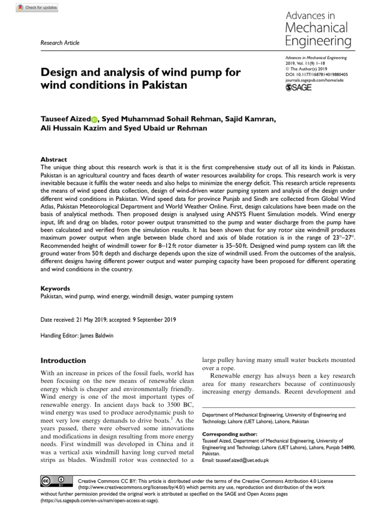 Design and Analysis of Wind Pump For Wind Conditions in Pakistan | PDF ...