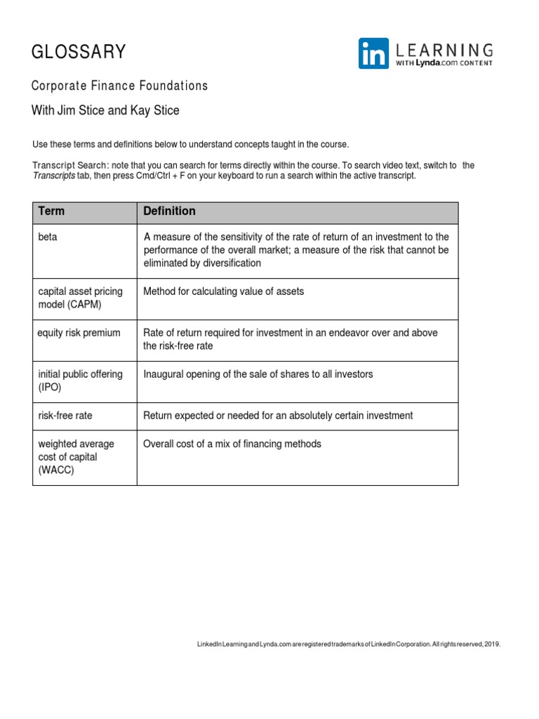 Glossary Corporate Finance Foundations | PDF