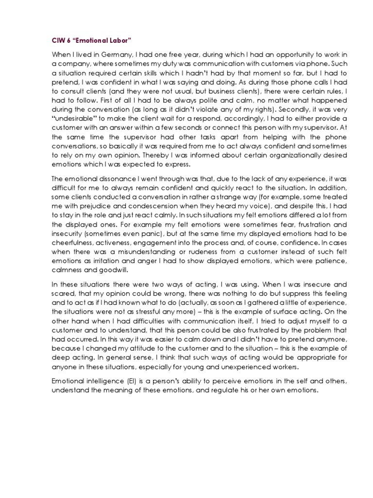 CIW 6 "Emotional Labor" | PDF | Self Awareness | Emotions