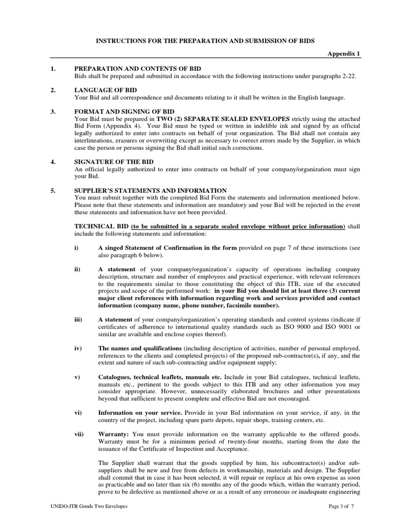 Appendix 1 - Instructions For The Preparation and Submission of Bids ...