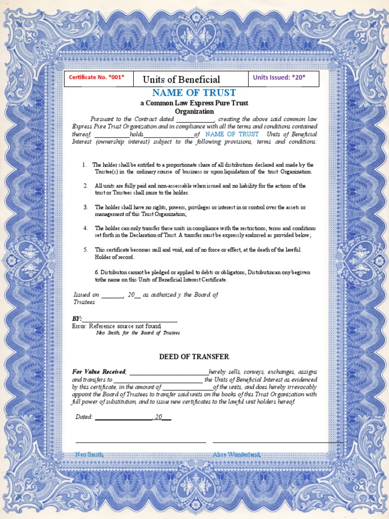 UBIs UNITS OF BENEFICIAL INTEREST CERTIFICATE BLUE BORDER EDITABLE ...