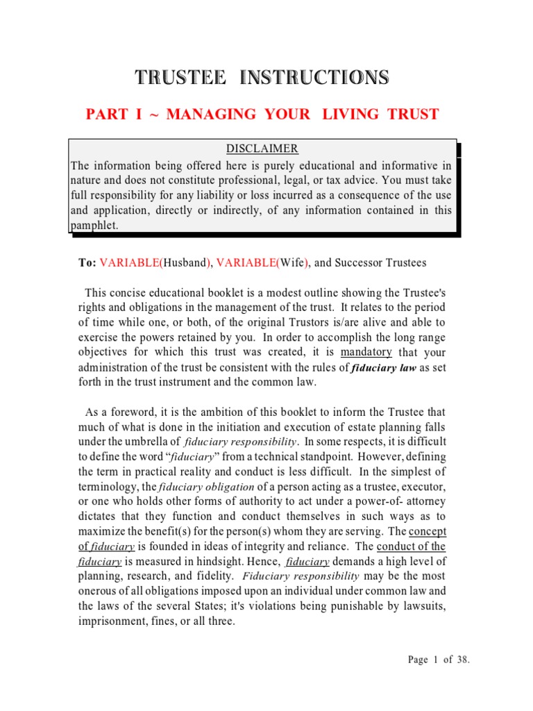 Trustee Instructions: Part I Managing Your Living Trust | PDF | Trust ...