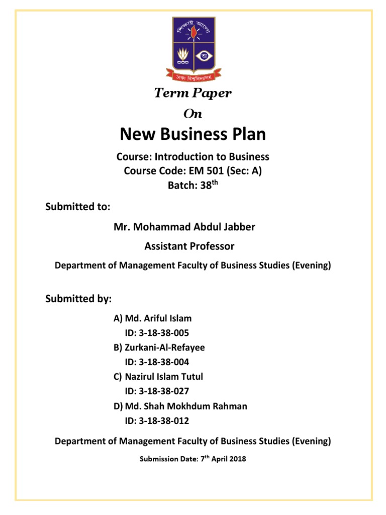 New Business Plan: Term Paper On | PDF | Market (Economics) | Business ...