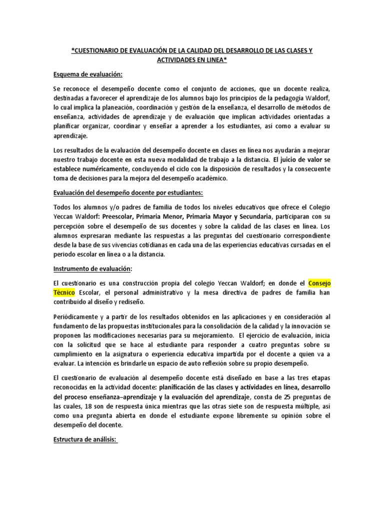 Cuestionario de Evaluación de La Calidad Del Desarrollo de Las Clases y ...