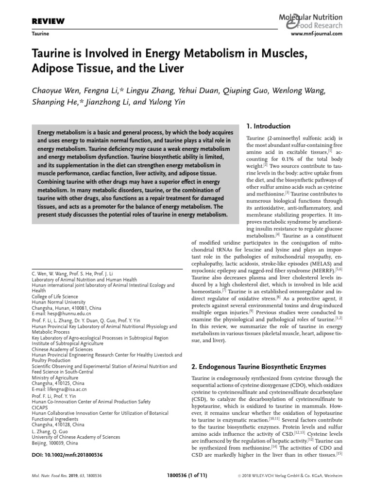 Taurine Is Involved in Energy Metabolism in Muscles, Adipose Tissue ...