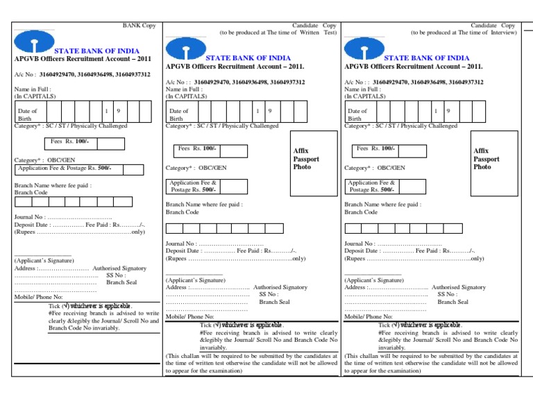 SBI Challan Form for Recruitment Fees | PDF | Business