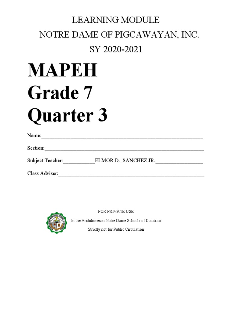 Mapeh Grade 7 Quarter 3: Learning Module Notre Dame of Pigcawayan, Inc ...