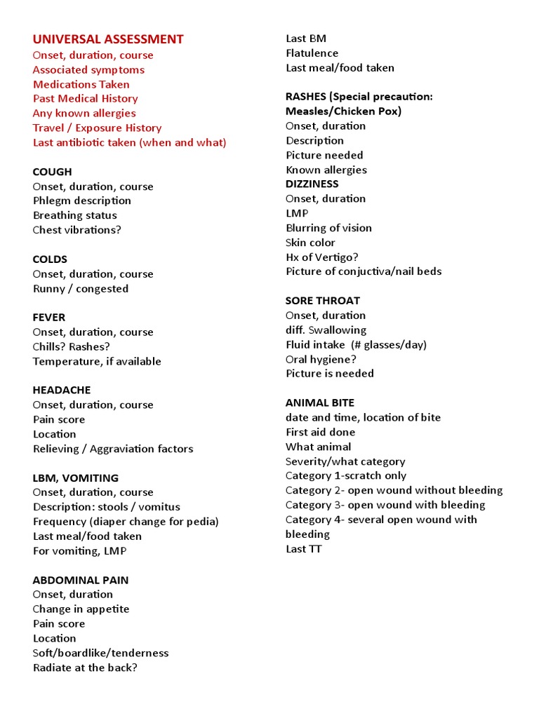 Universal Assessment: RASHES (Special Precaution: Measles/Chicken Pox ...