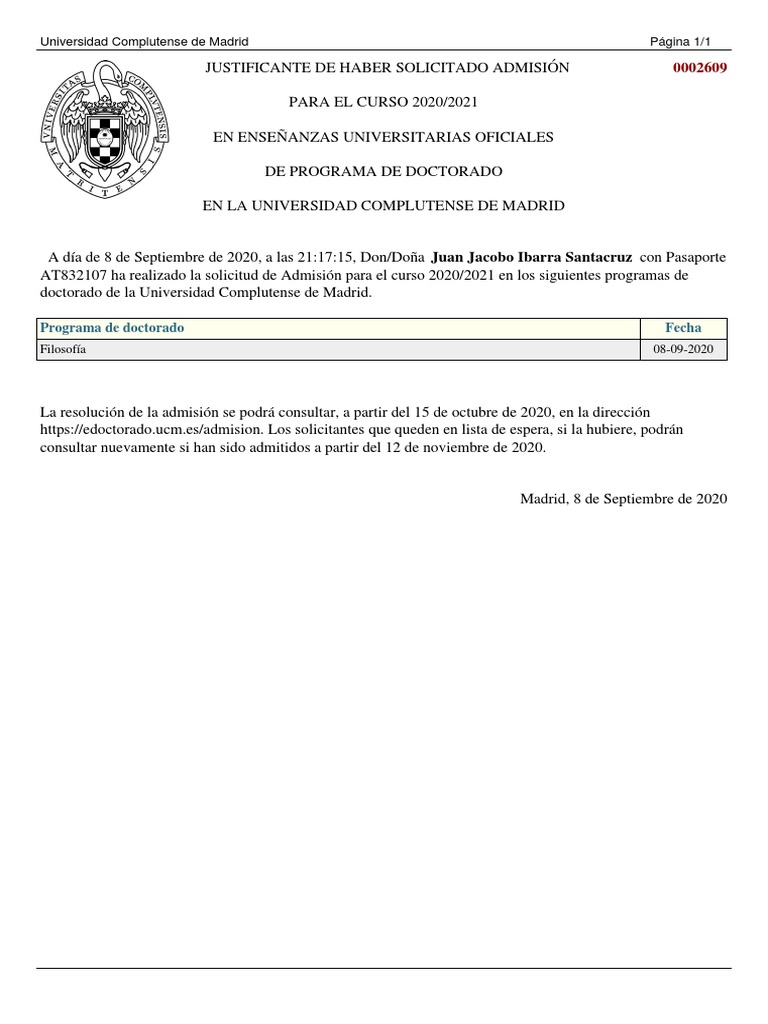 Justificante Solicitud Admision 2020 - 2021 Ucm AT832107 | PDF
