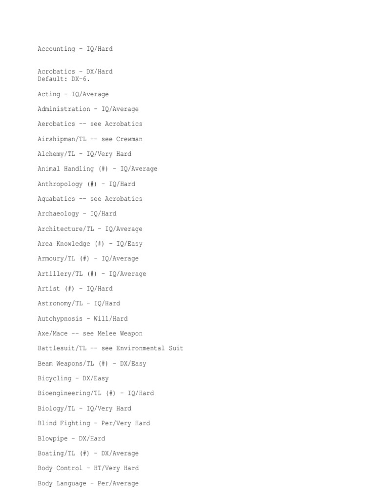 GURPS SKILLS List | Weaponry