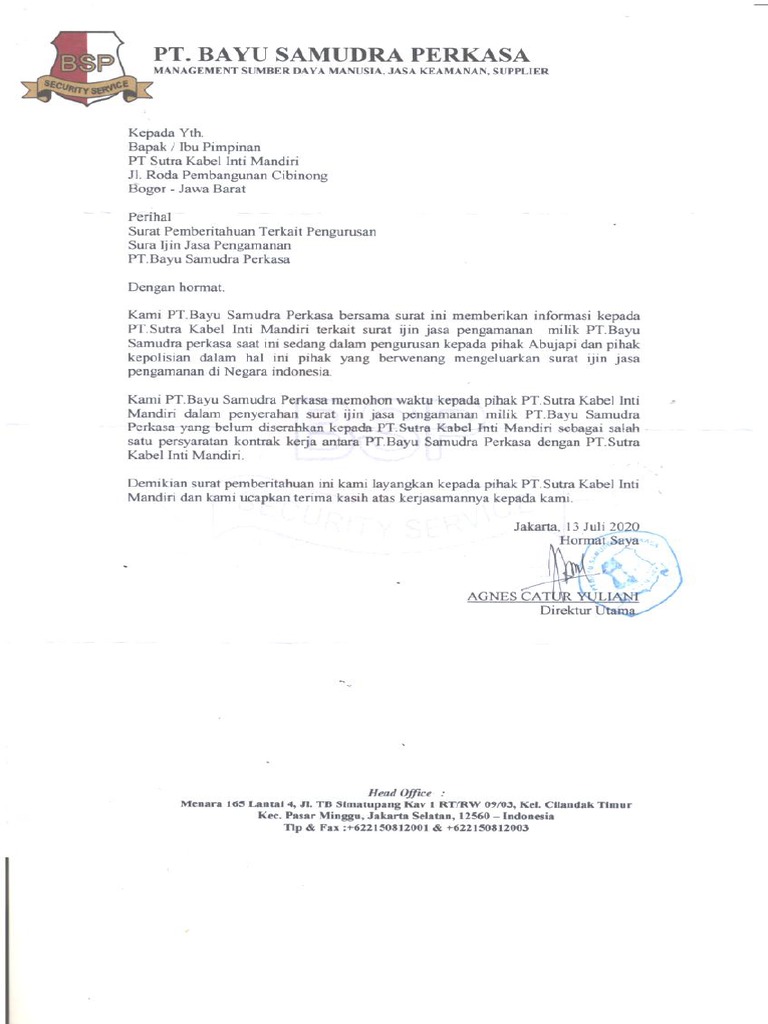 Surat Dari PT Bayu Samudera Perkasa (BSP) | PDF