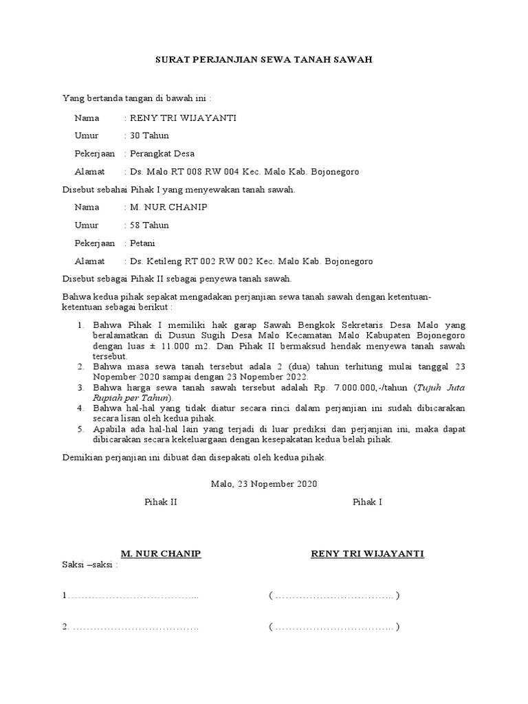 Surat Perjanjian Sewa Tanah Sawah | PDF